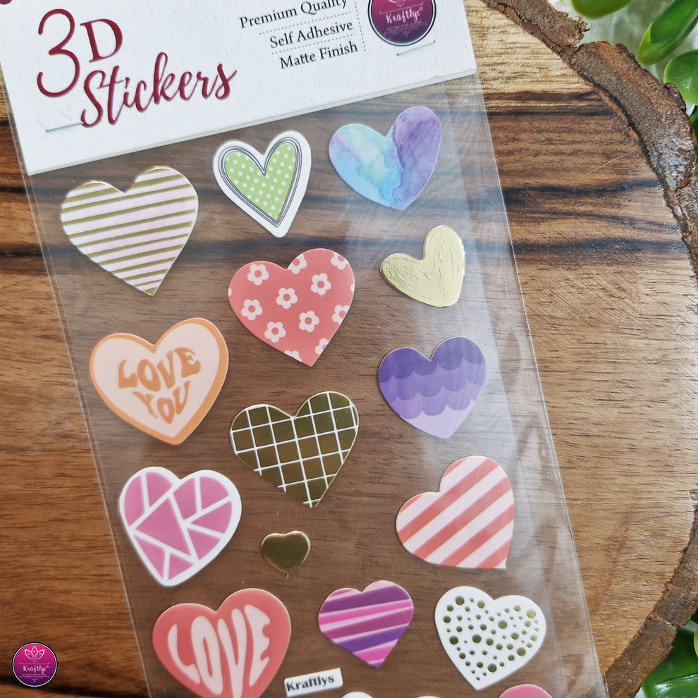 KRAFTLYS 3D Sticker – HEARTS | Love-Themed Matte Finish Heart Stickers ...